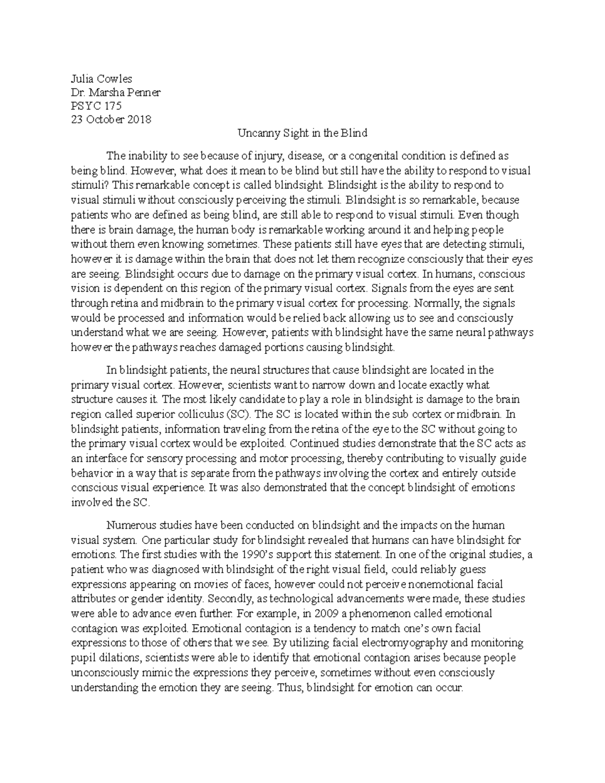 PSYC 175 Uncanny Sight - Grade: A- Julia Cowles Dr. Marsha Penner PSYC ...