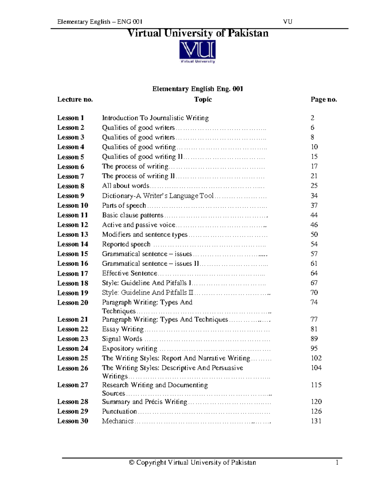 Handouts ENG001 - Virtual University of Pakistan Lesson 20 Paragraph ...
