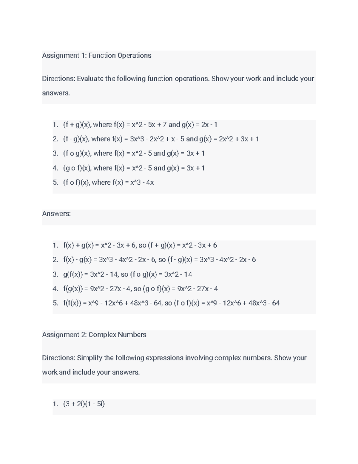 Assignment 1 Function Operations Assignment 1 Function Operations