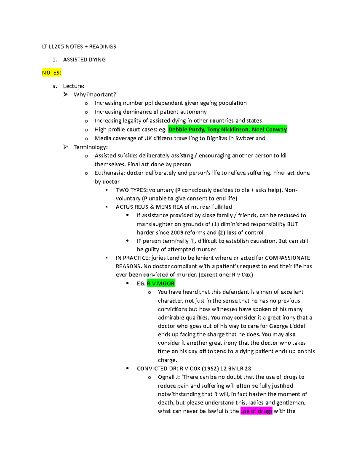 LT LL205 Notes - LT LL205 NOTES + READINGS 1. ASSISTED DYING NOTES: a ...