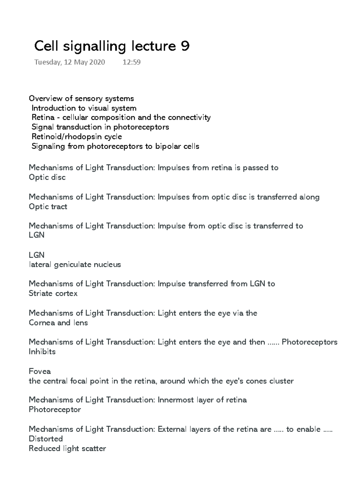 Cell Signalling Lecture 9 Overview Of Sensory Systems Introduction To Visual System Retina