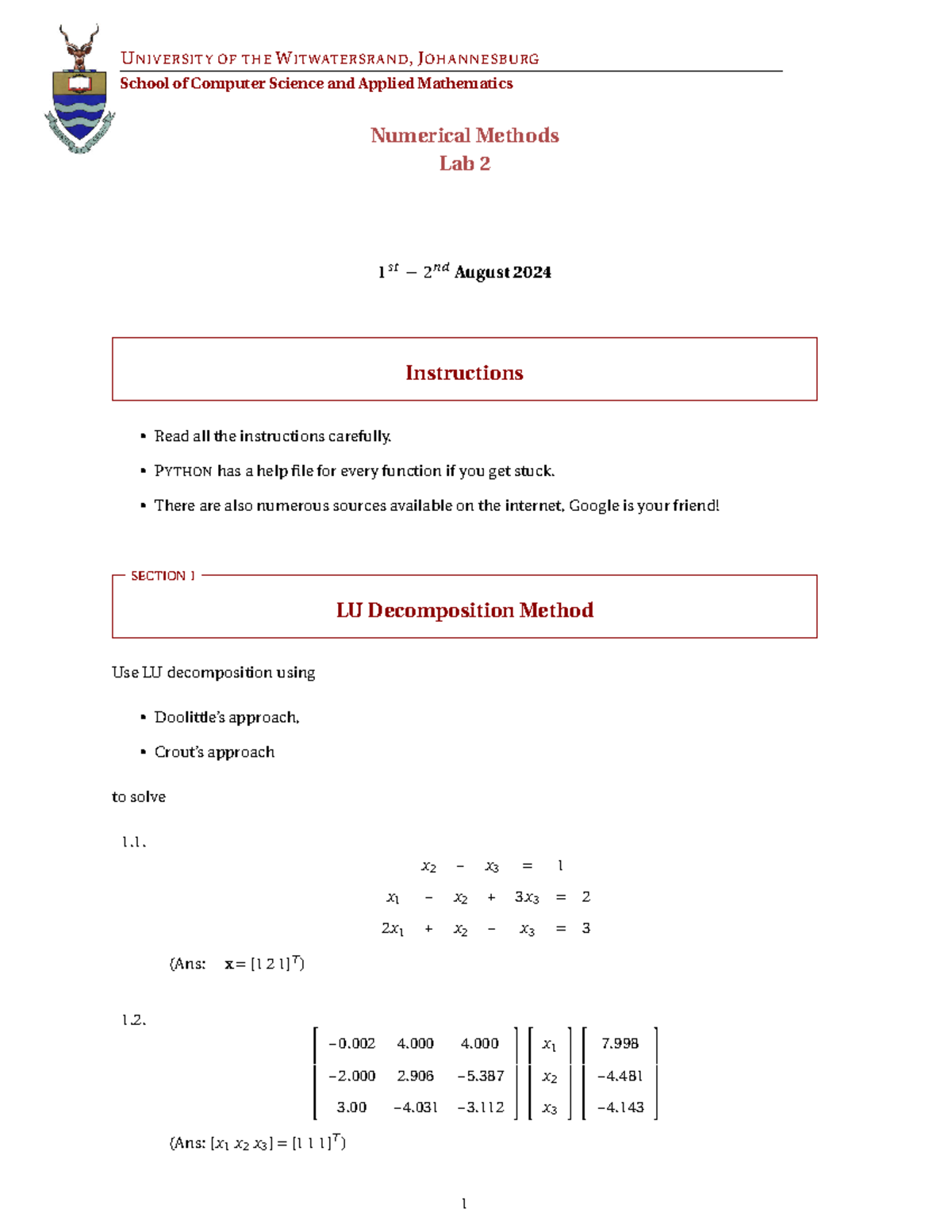 Tutorial 2 - UNIVERSITY OF THE WITWATERSRAND, JOHANNESBURG School of ...