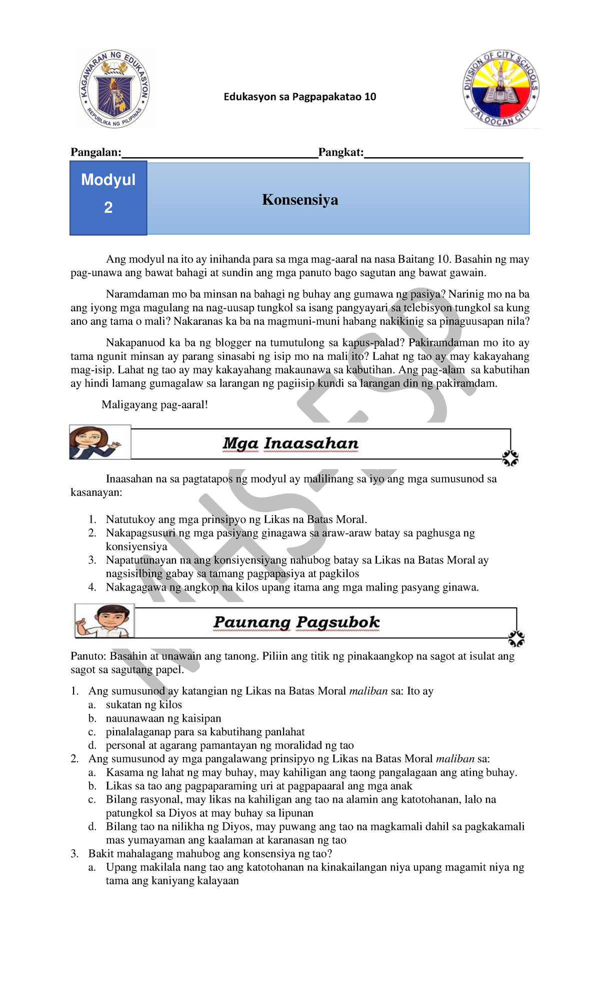 ESP 10 Week 3-4-with watermark - Edukasyon sa Pagpapakatao 10 Pangalan ...