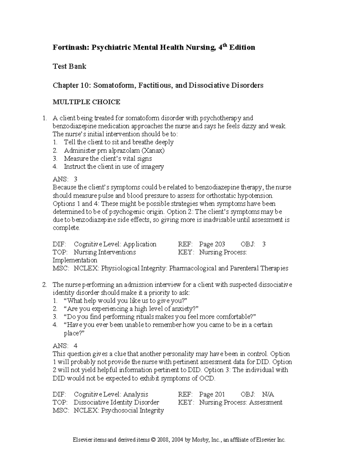 Chapter 010Fortinash: Psychiatric Mental Health Nursing, 4th Edition ...