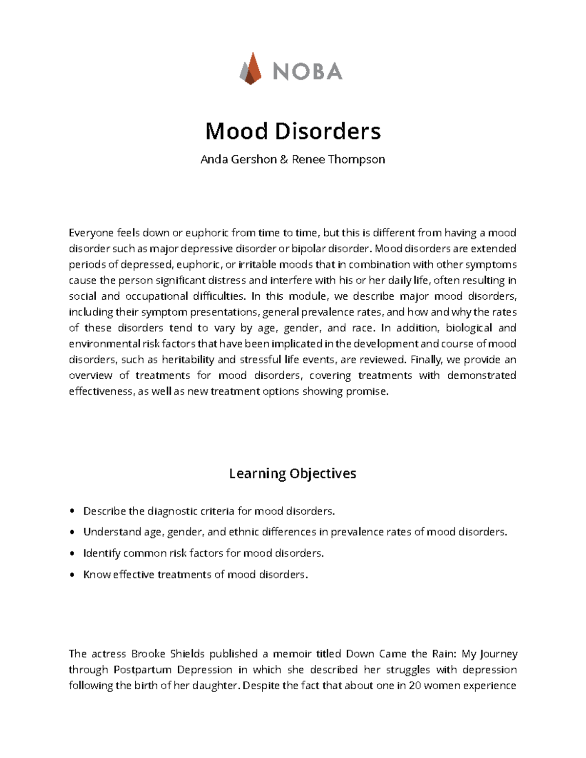 Week 5 Reading - Mood Disorders - NOBA Mood Disorders Anda Gershon ...