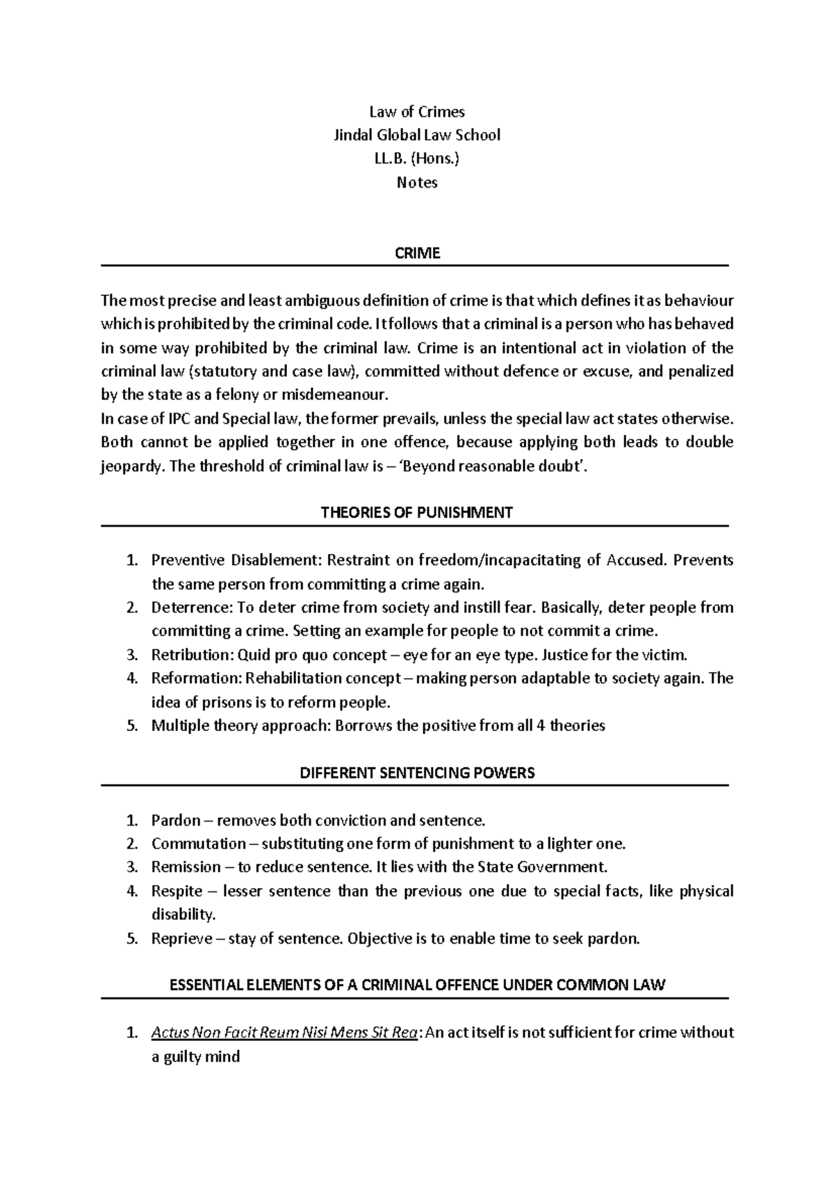 Crimes Notes - Law of Crimes Jindal Global Law School LL. (Hons.) Notes ...