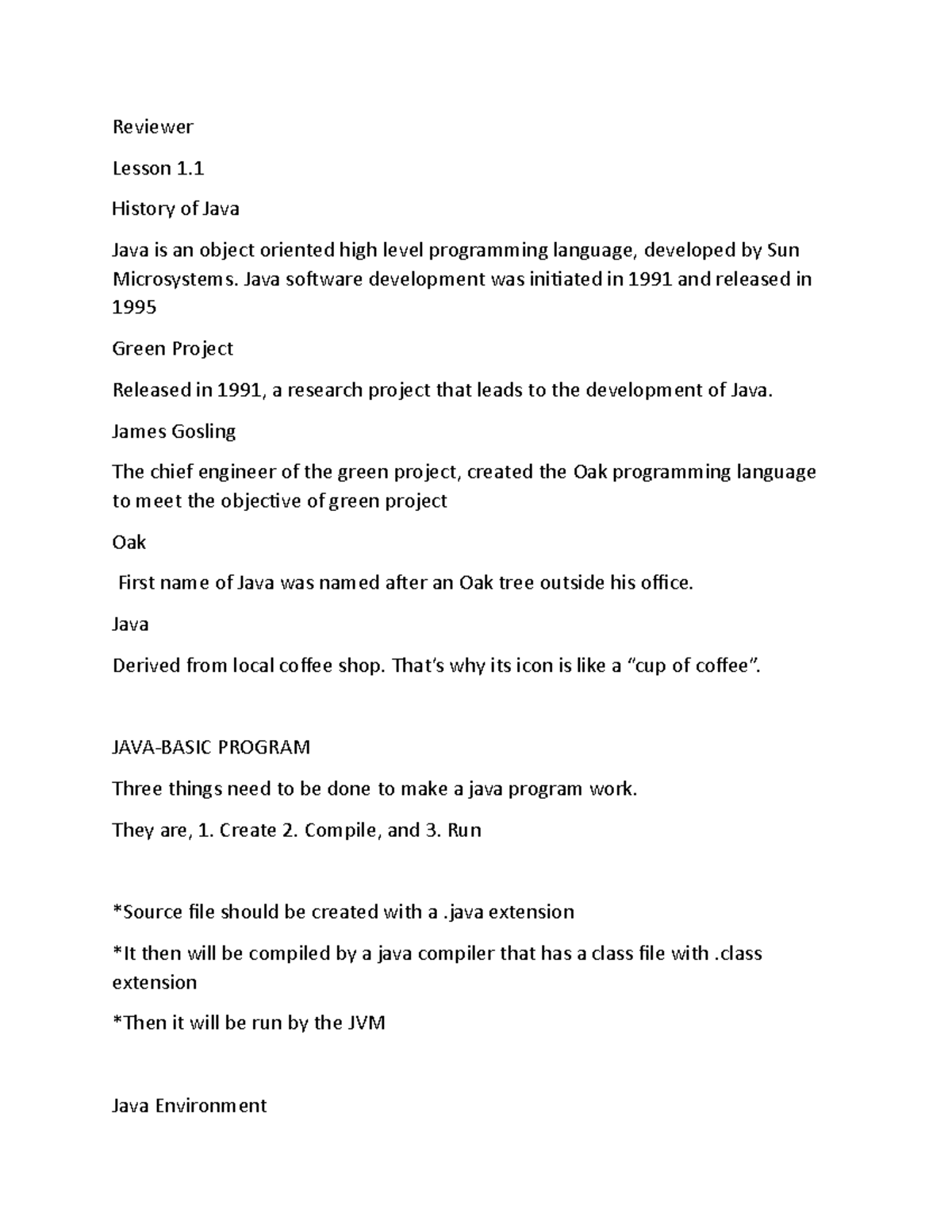 Java Reviewer 1 - Reviewer Lesson 1. History of Java Java is an object ...