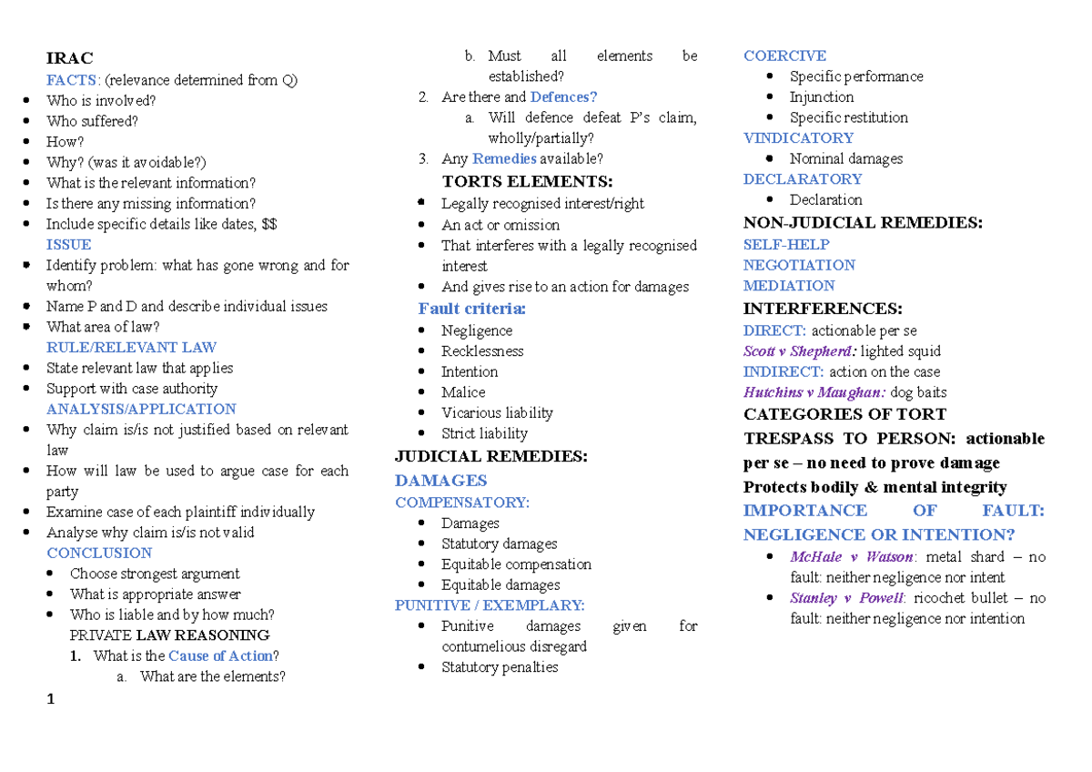 Private LAW EXAM Notes - IRAC FACTS: (relevance determined from Q) Who ...