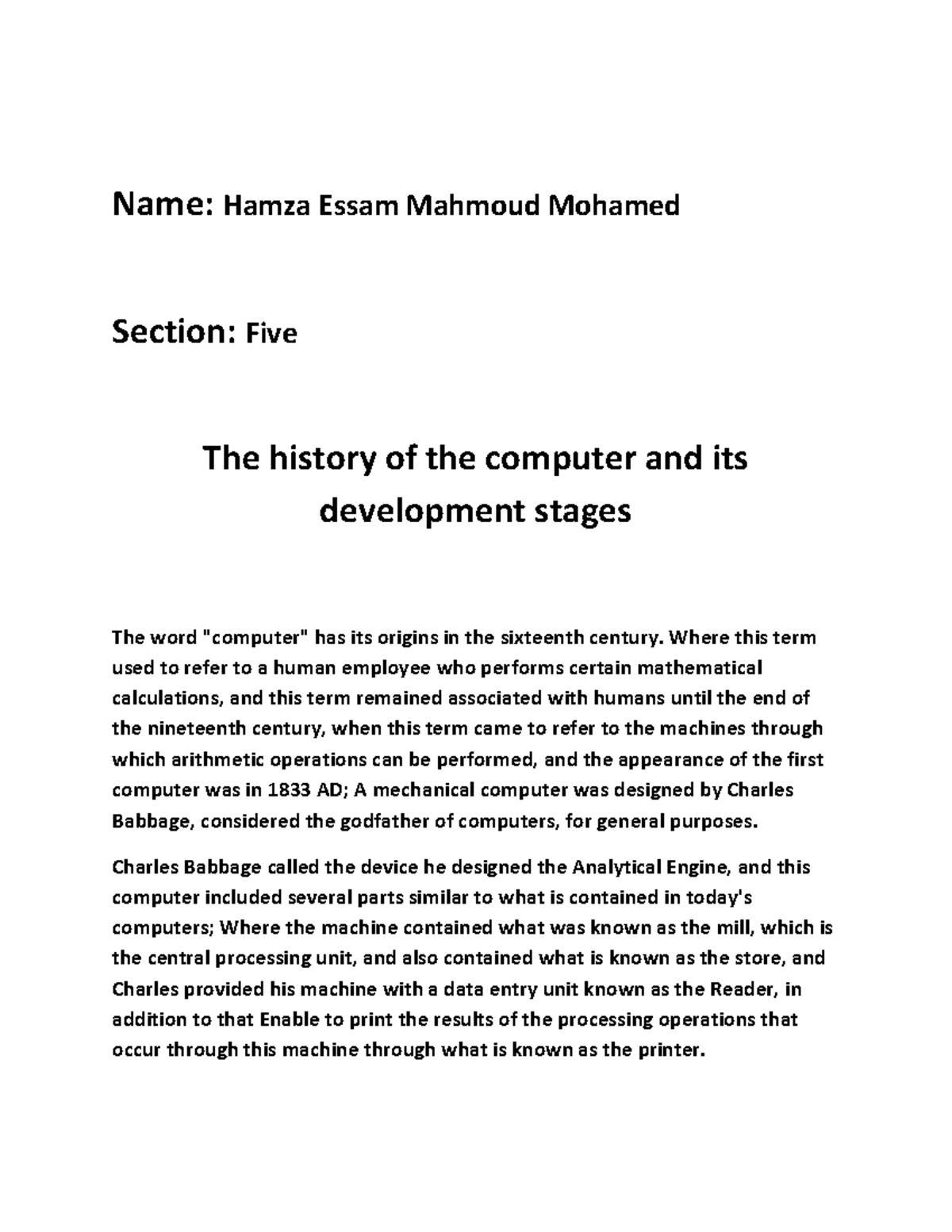 The history of computer - Name: Hamza Essam Mahmoud Mohamed Section ...