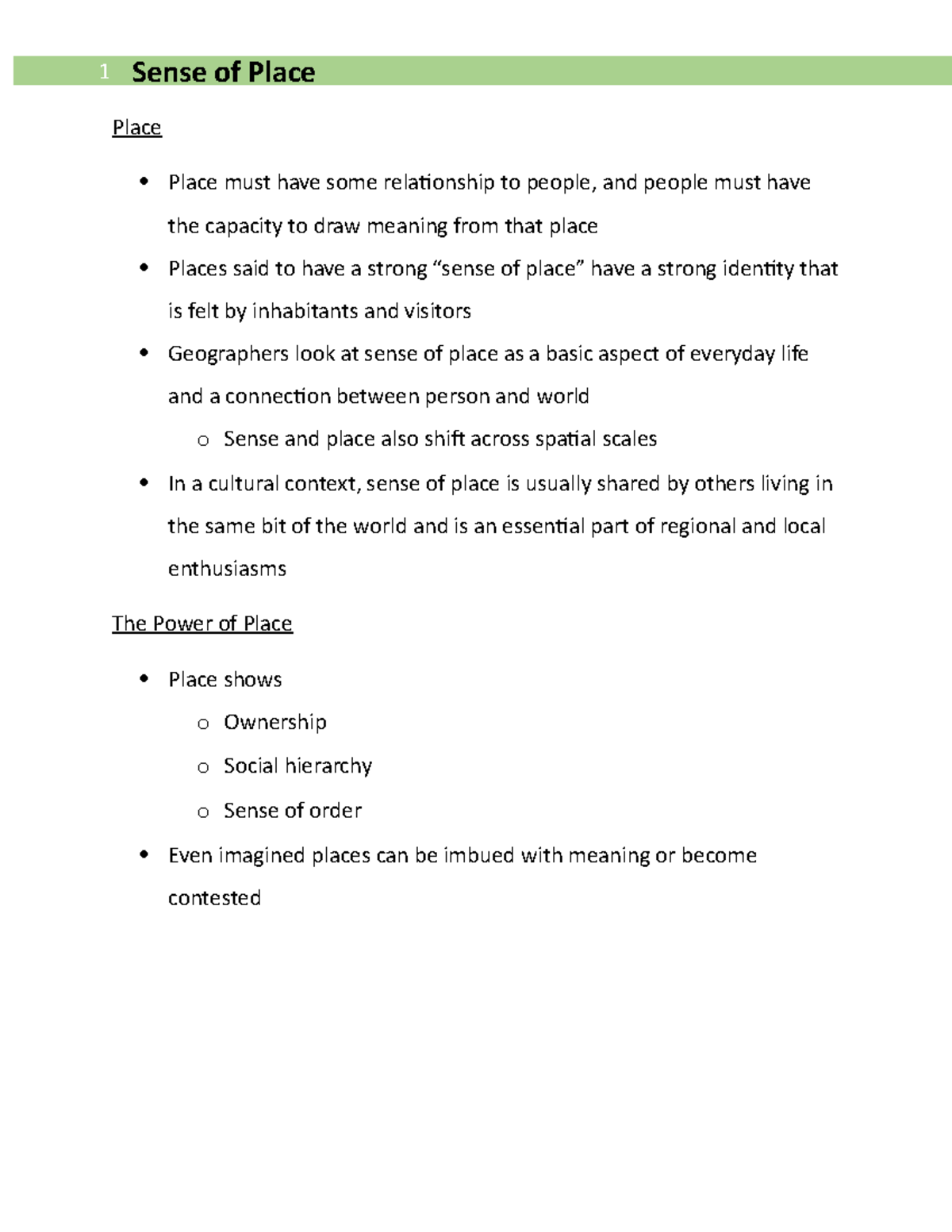 Sense of Place - Notes - Place Place must have some relationship to ...
