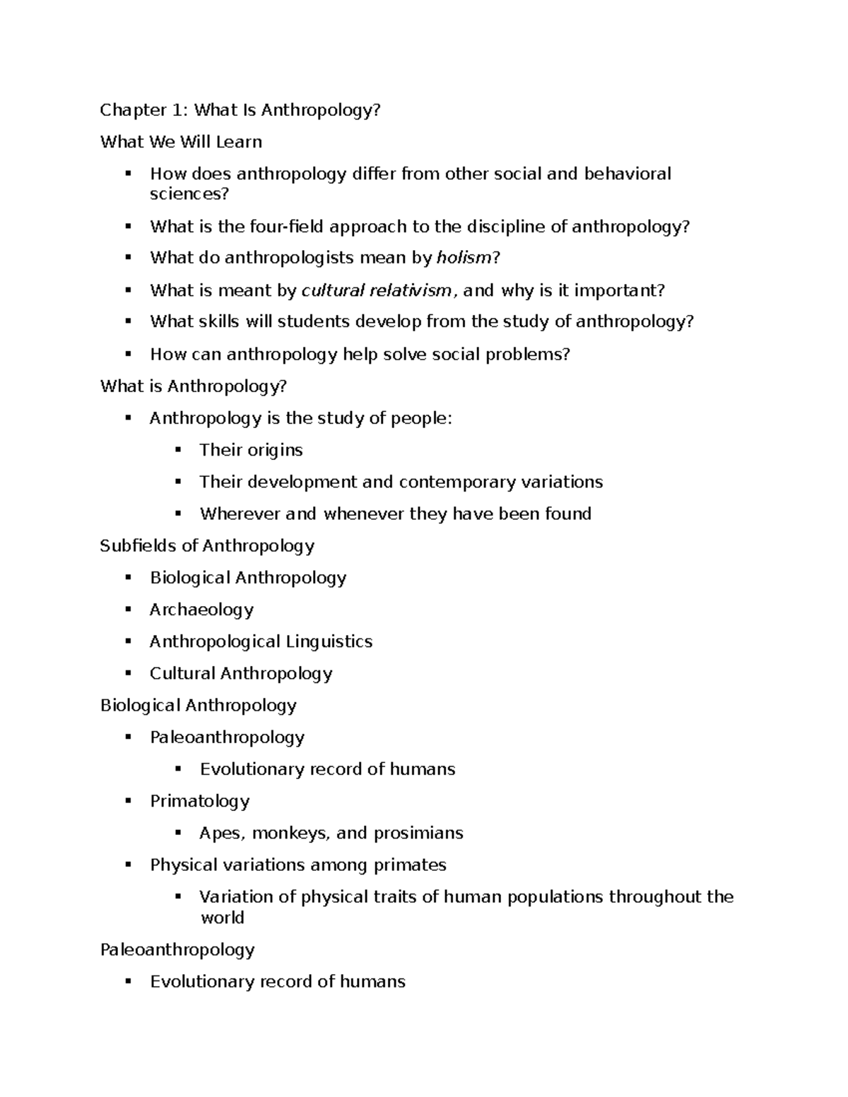 CA Chapter 1 Textbook Notes - Chapter 1: What Is Anthropology? What We ...