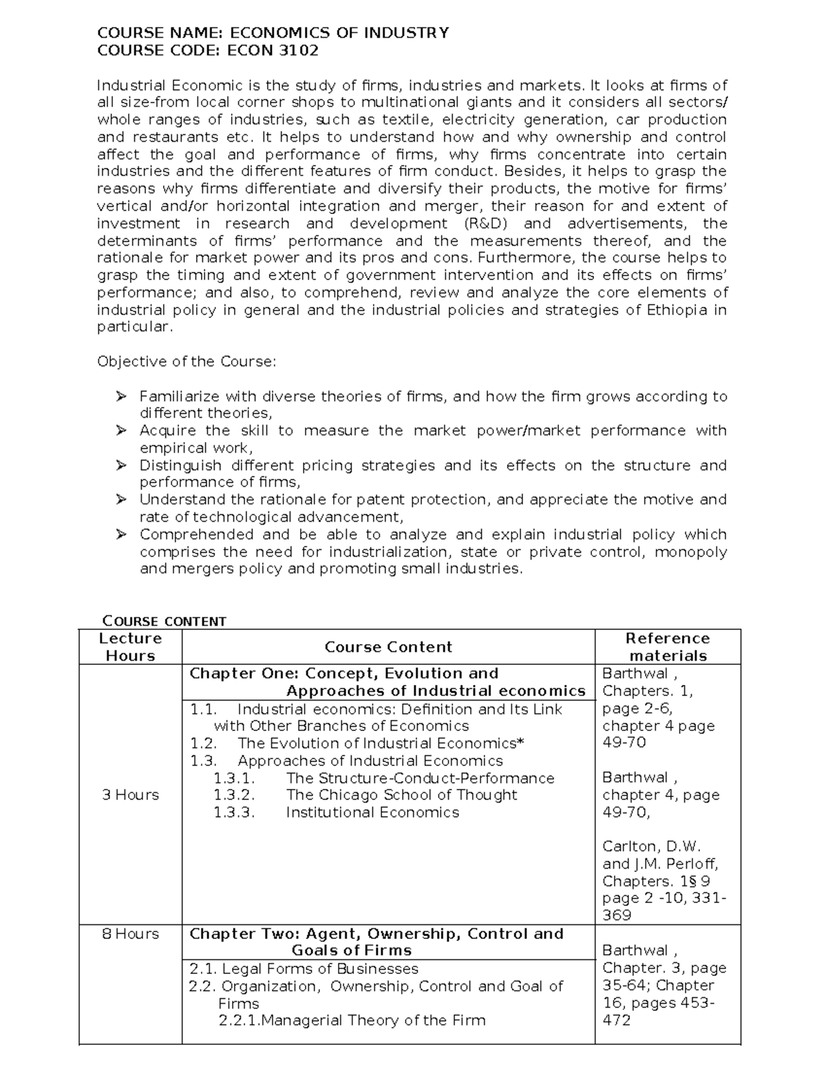 Industrial Economics course Outline - COURSE NAME: ECONOMICS OF ...