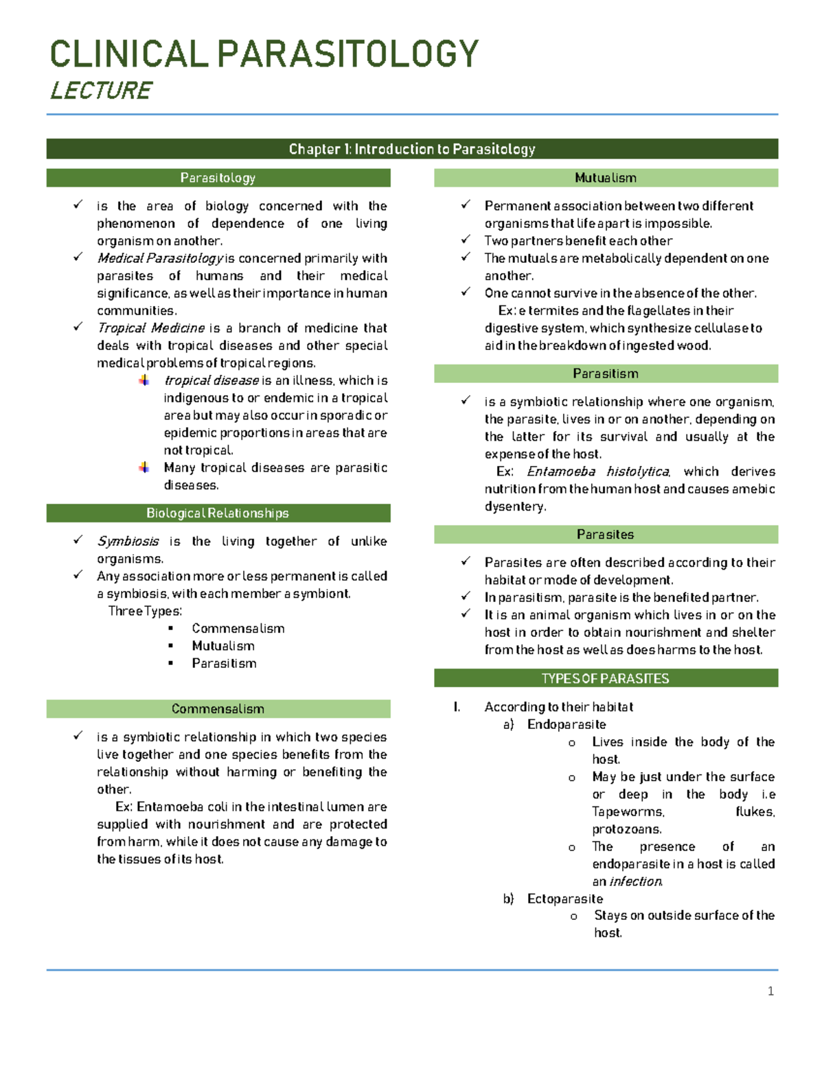 Chapter 1 & 2 - Parasitology - LECTURE Chapter 1: Introduction to ...