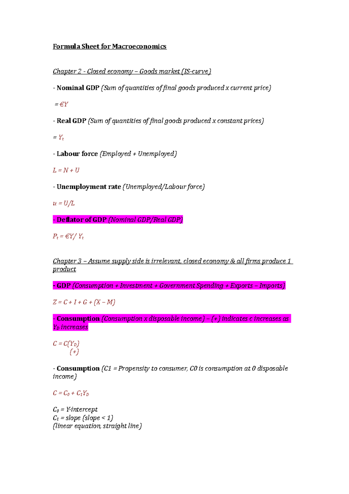 Formulas for Good-market & Financial-market - Formula Sheet for ...