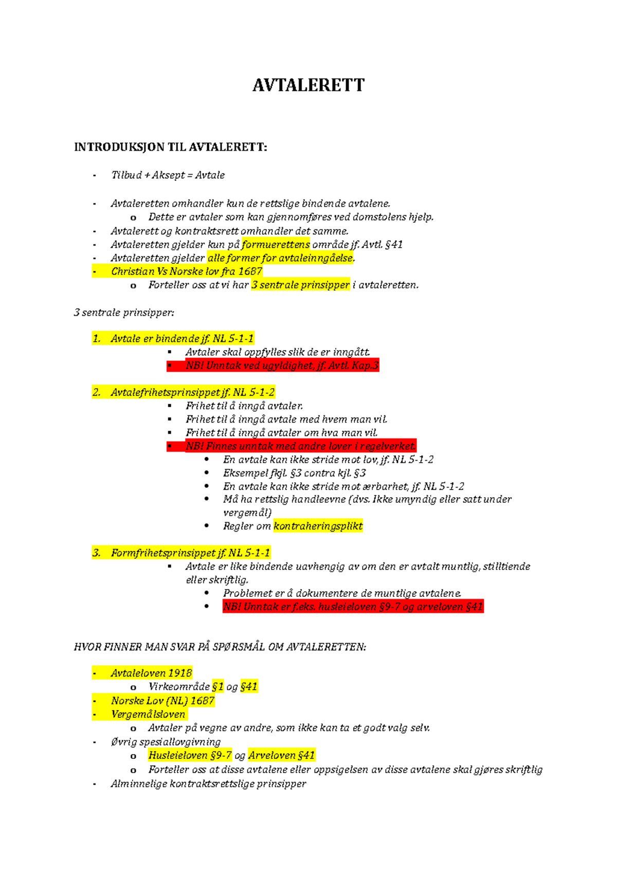 Avtalerett - NOTATWE - AVTALERETT INTRODUKSJON TIL AVTALERETT: Tilbud + Aksept = Avtale ...