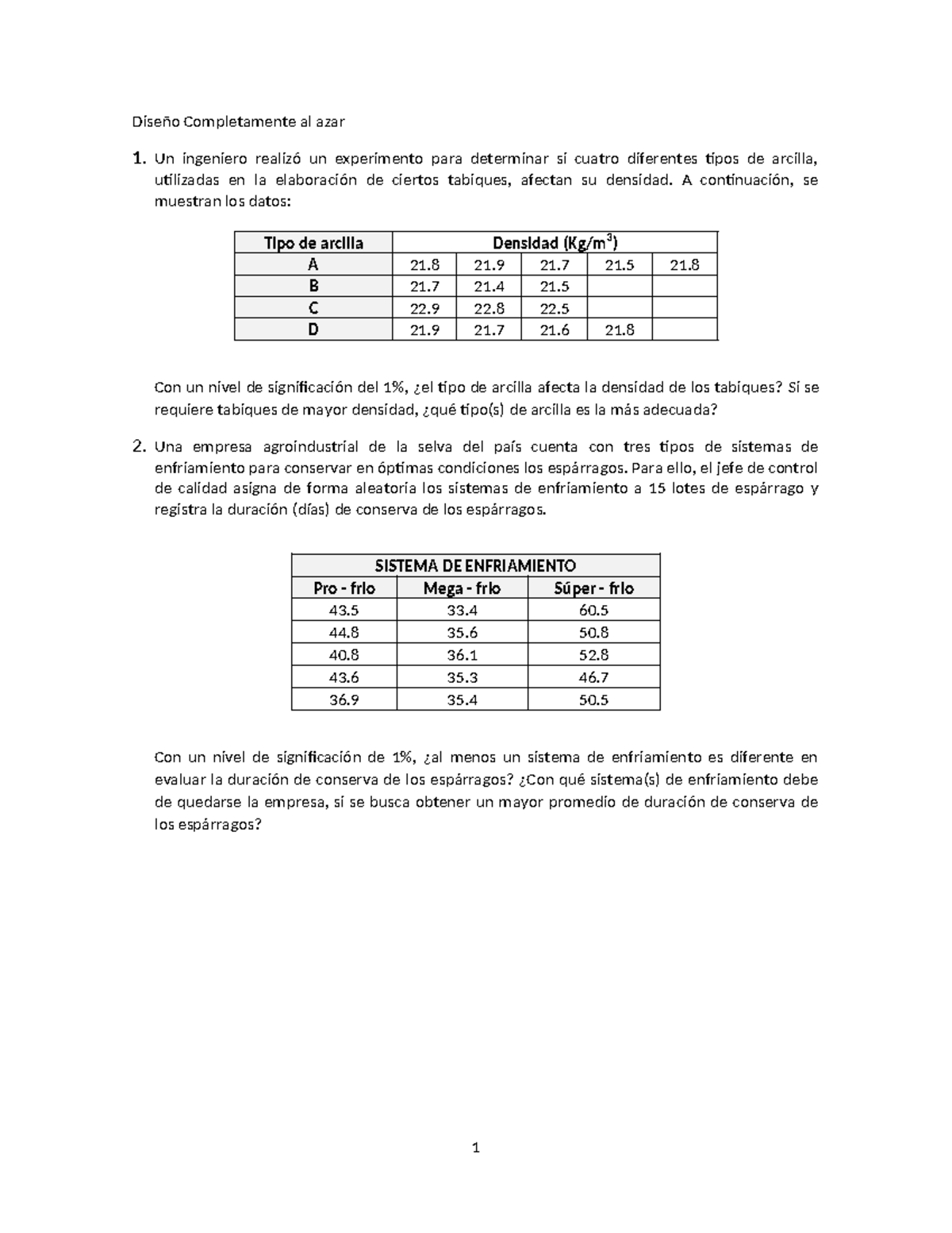 Ejercicios de DCA (1) - Diseño Completamente al azar 1. Un ingeniero ...