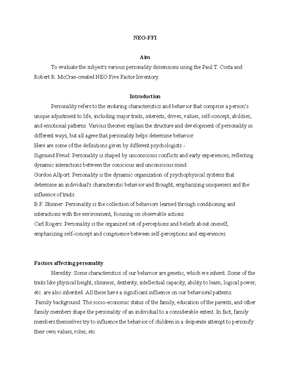 NEO-FFI - NEO-FFI Aim To evaluate the subject's various personality ...