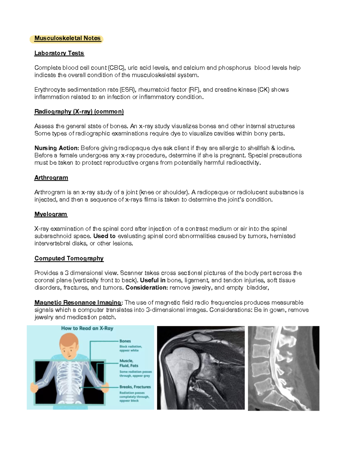 Musculoskeletal Class Notes - Musculoskeletal Notes Laboratory Tests ...