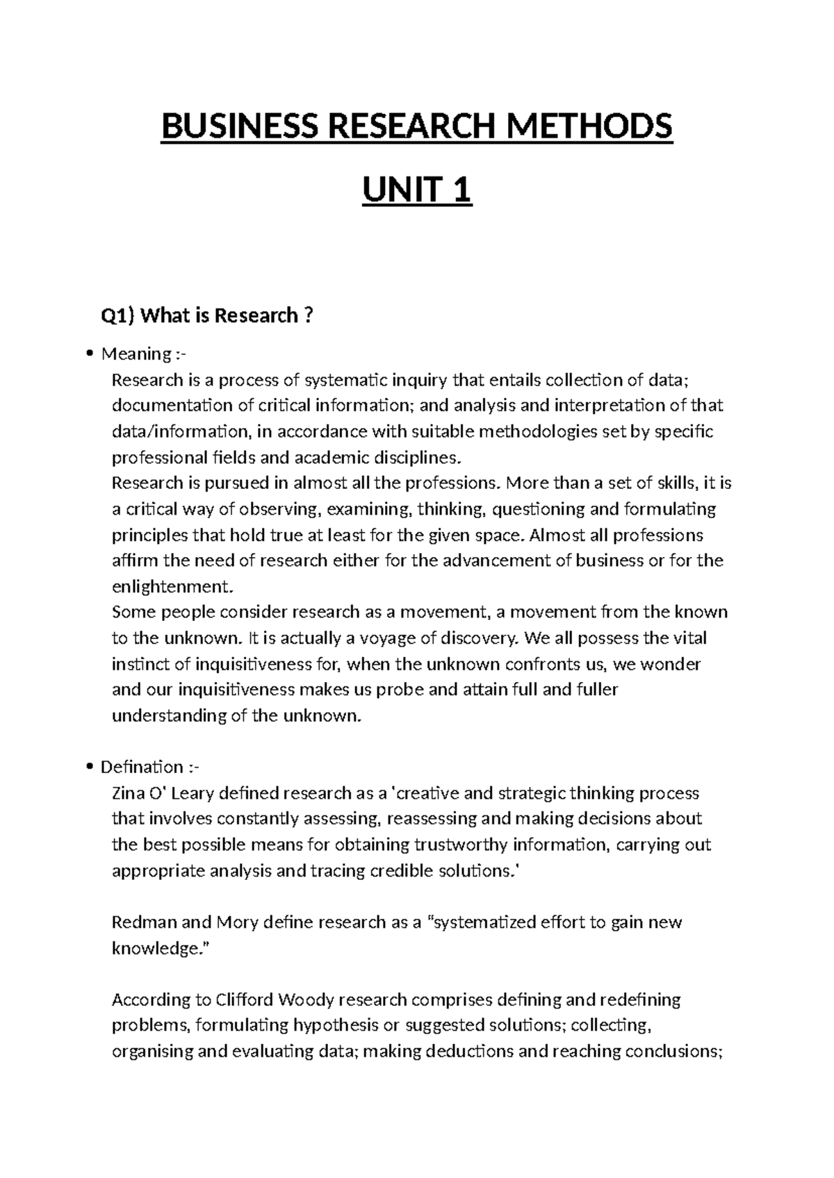Business Research Methods - BUSINESS RESEARCH METHODS UNIT 1 Q1) What ...