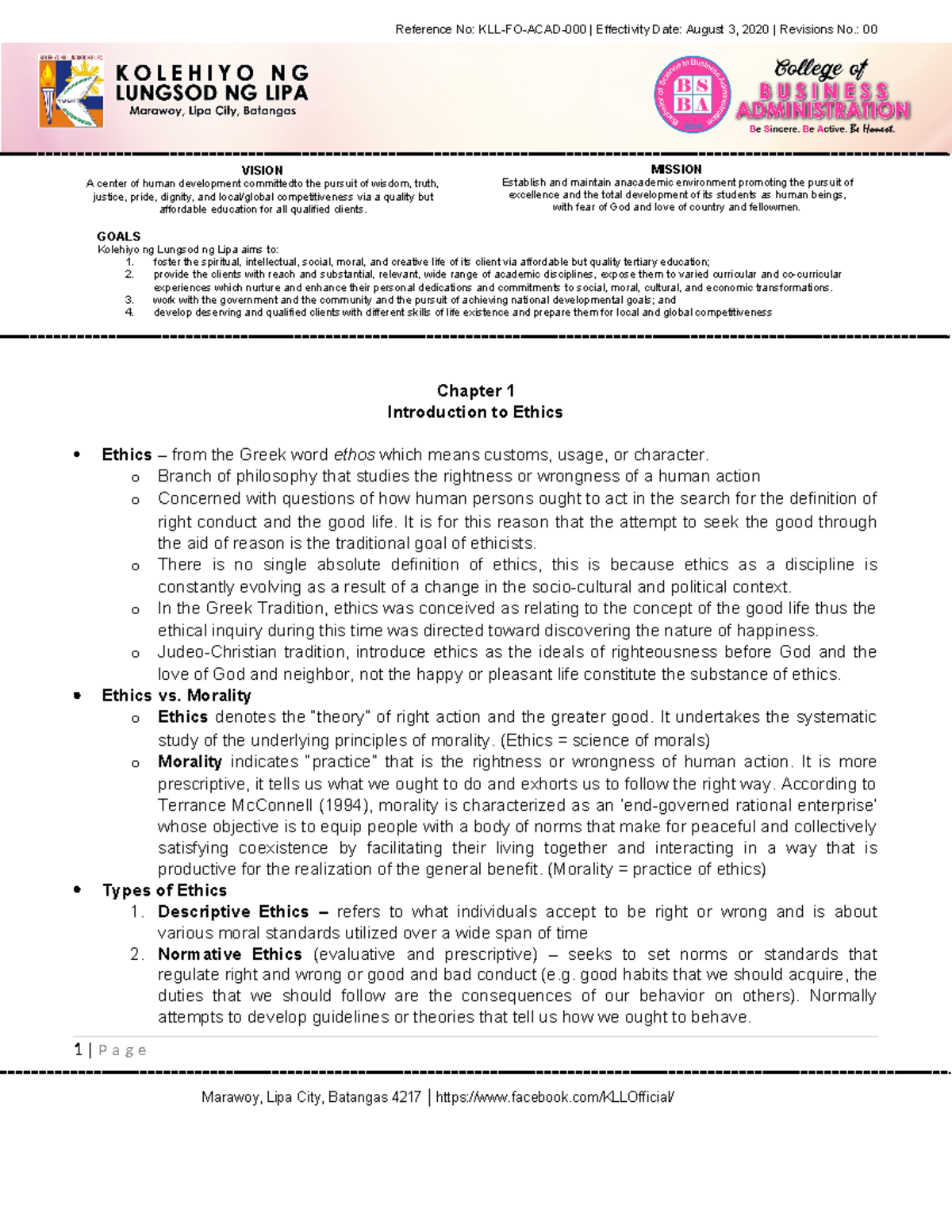 Module-I-GE-108-Ethics-student 1 - MISSION Establish and maintain ...