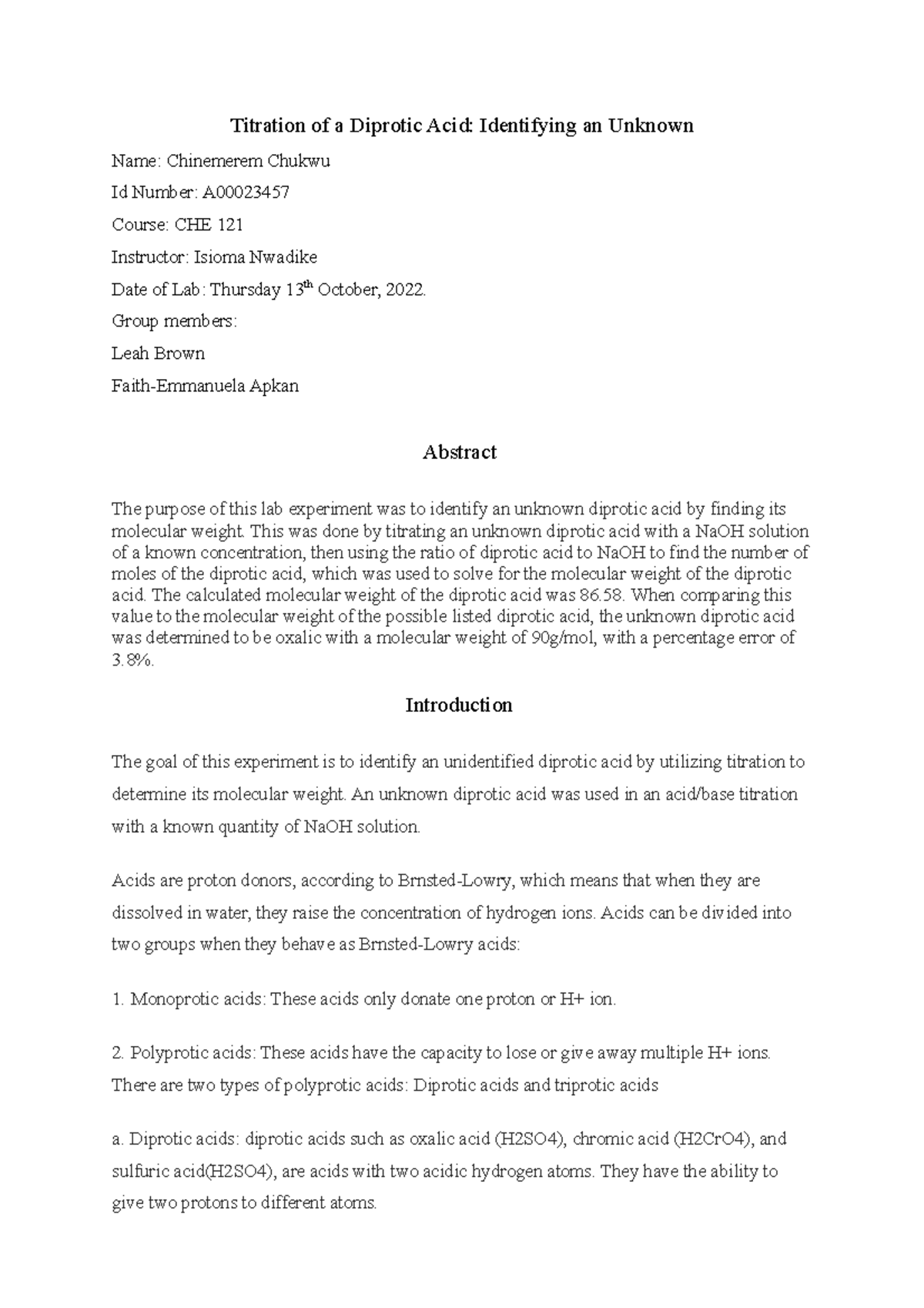 Titration of a Diprotic Acid - Group members: Leah Brown Faith ...
