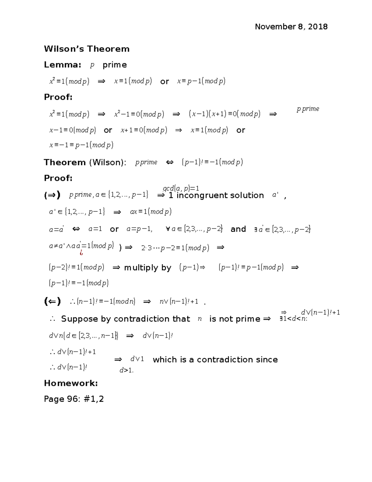 Wilson - Lecture notes 4 - November 8, 2018 Theorem Lemma: prime p x 2 ...