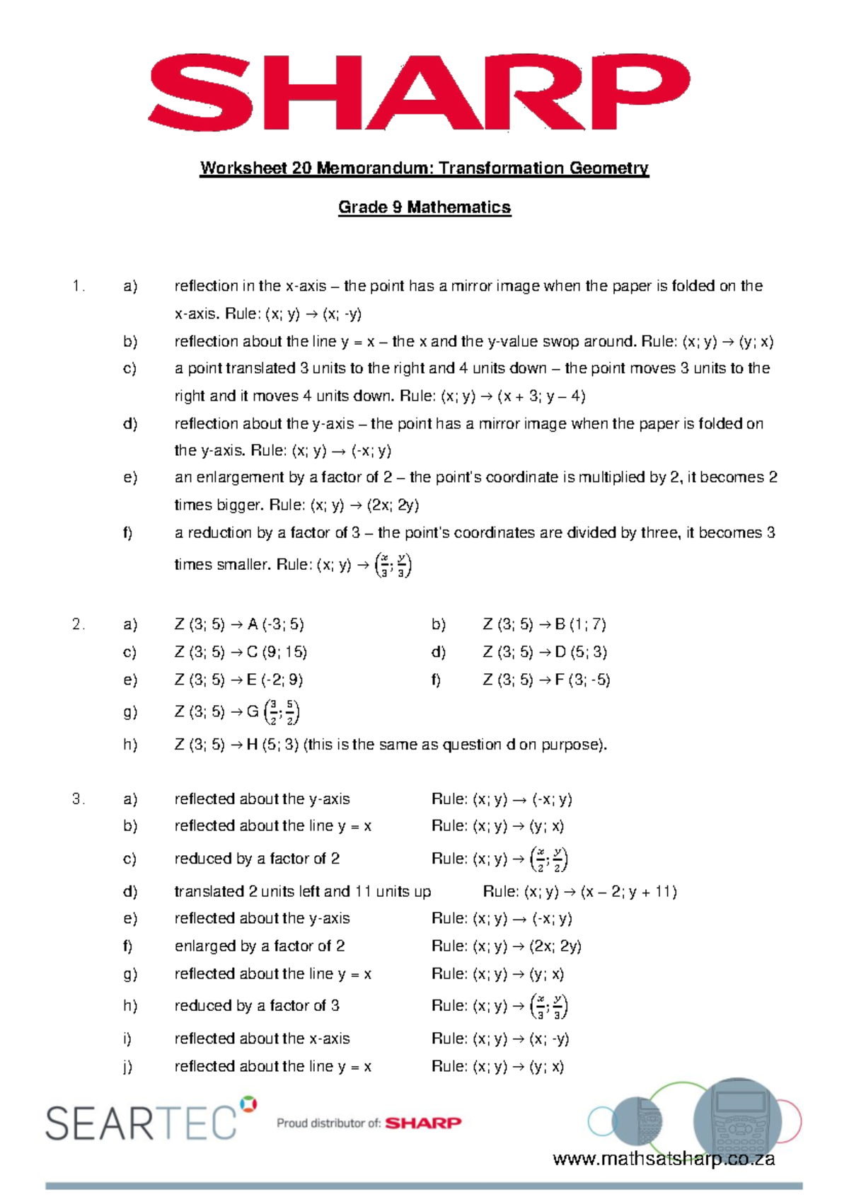 Worksheet 20 Memorandum transformation geometry - mathsatsharp.co ...