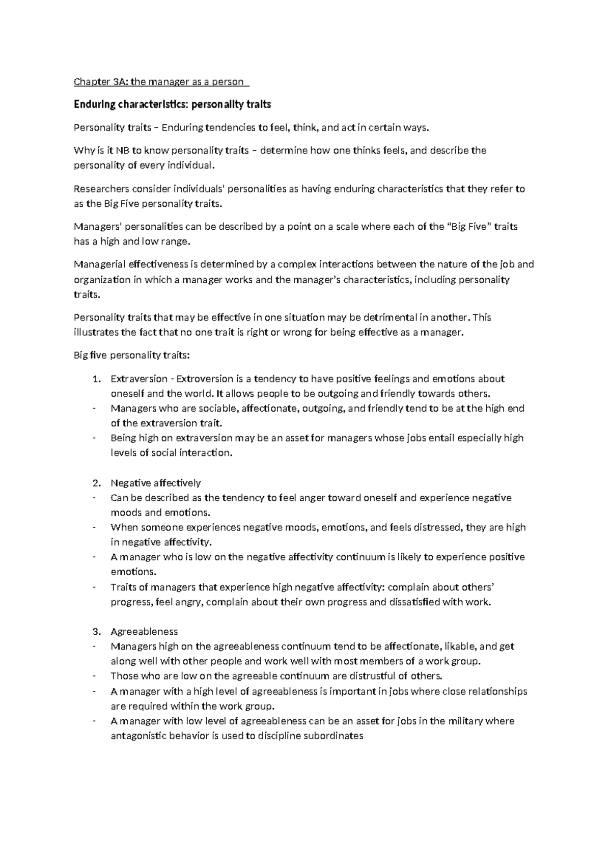 Chapter 3A - Summary Business management - Chapter 3A: the manager as a ...