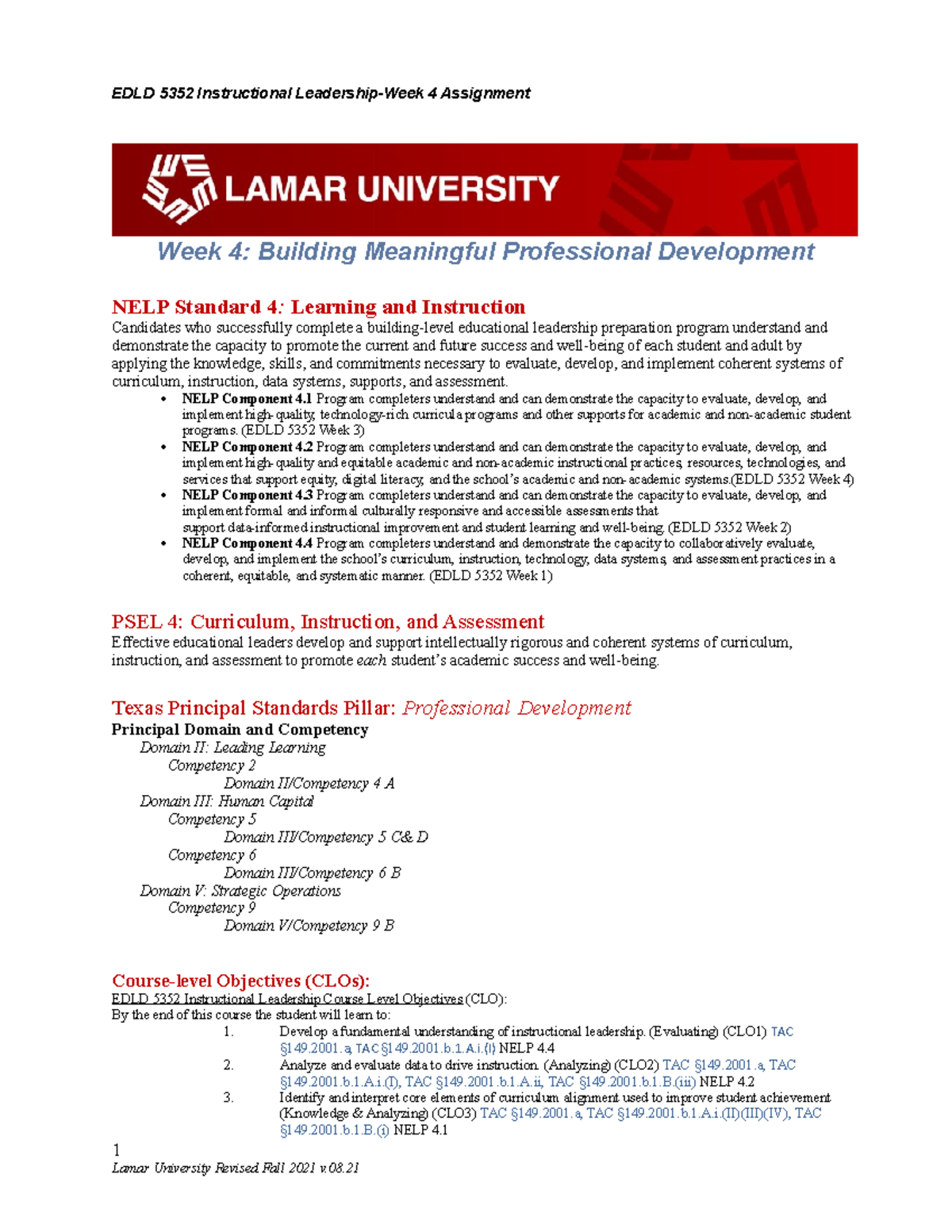 EDLD 5352 Week 4 Professional Development Signature Assessment ...