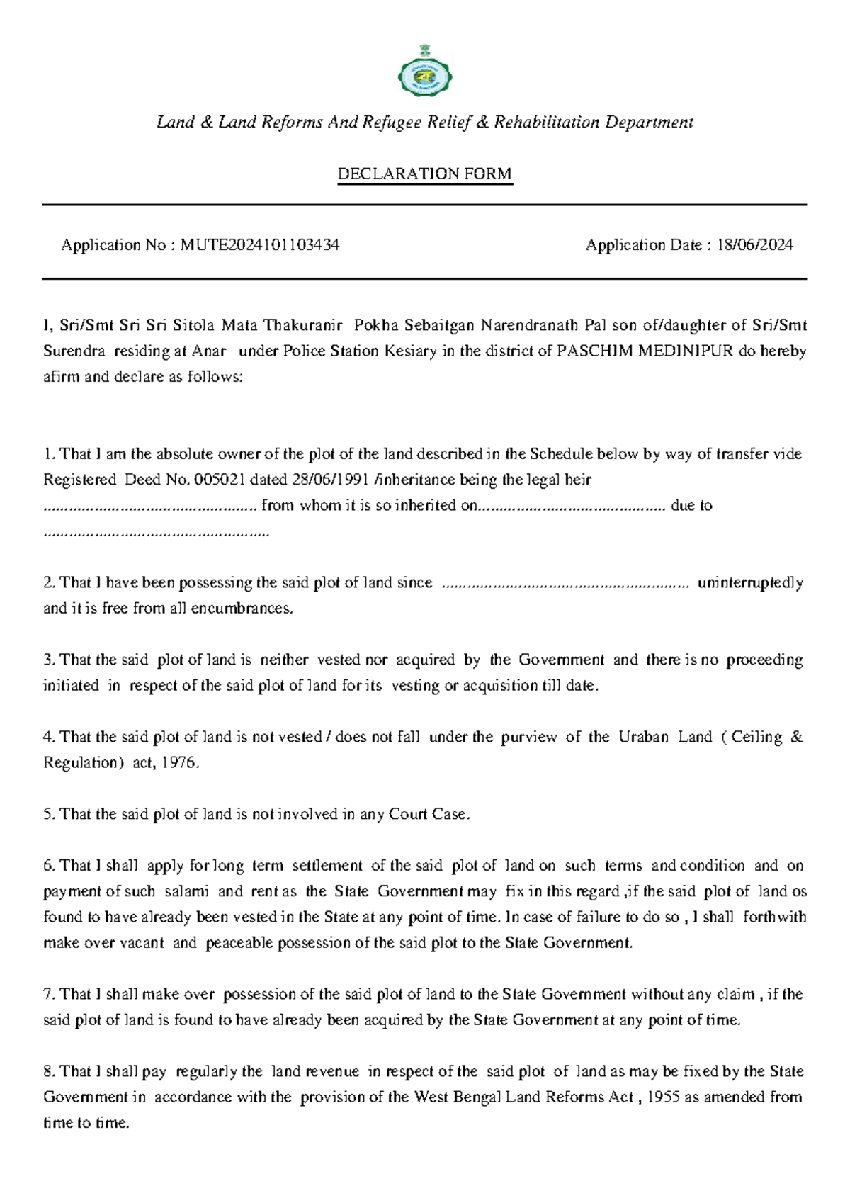 Declaration (22) - Hhhhhhhy - Land & Land Reforms And Refugee Relief ...