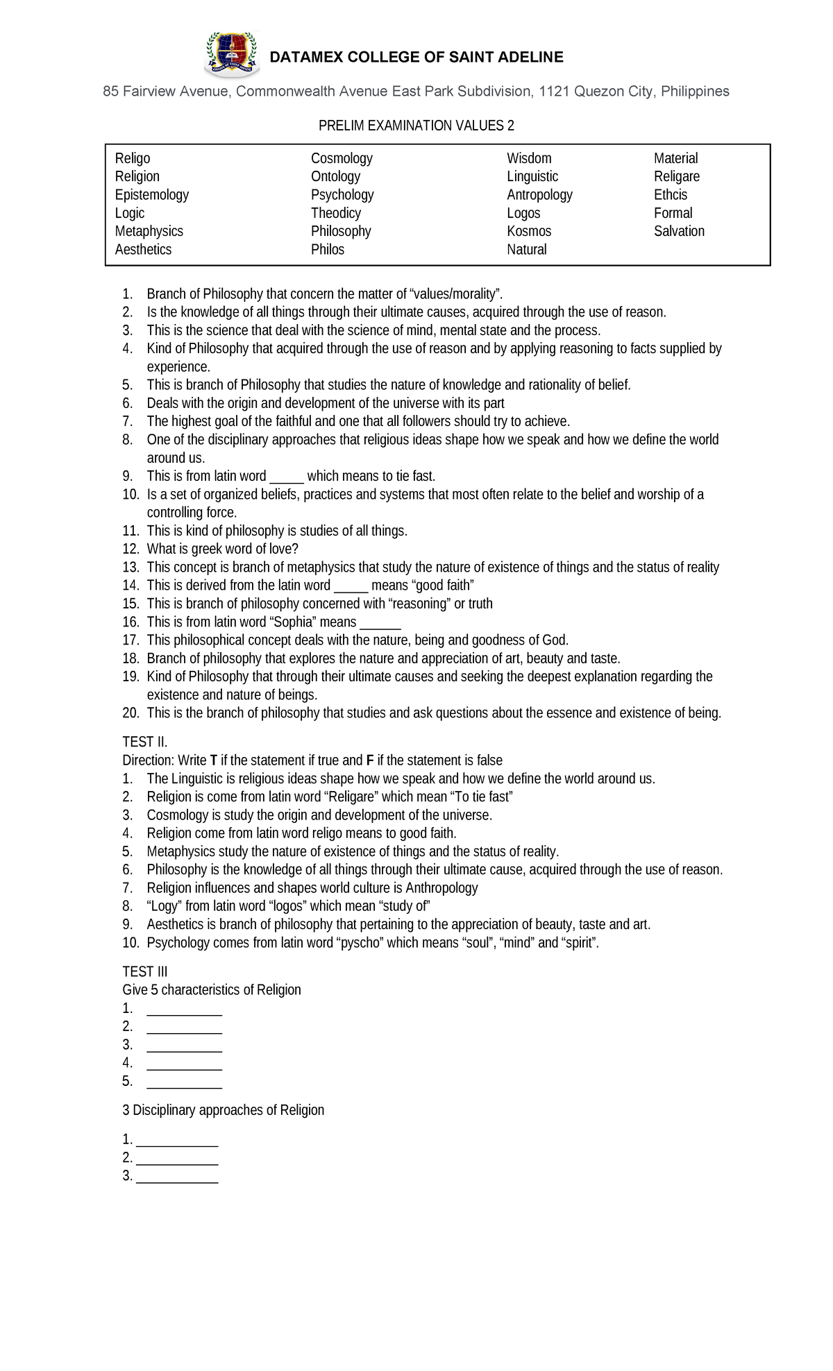 Prelim- Values-2 - DATAMEX COLLEGE OF SAINT ADELINE 85 Fairview Avenue ...