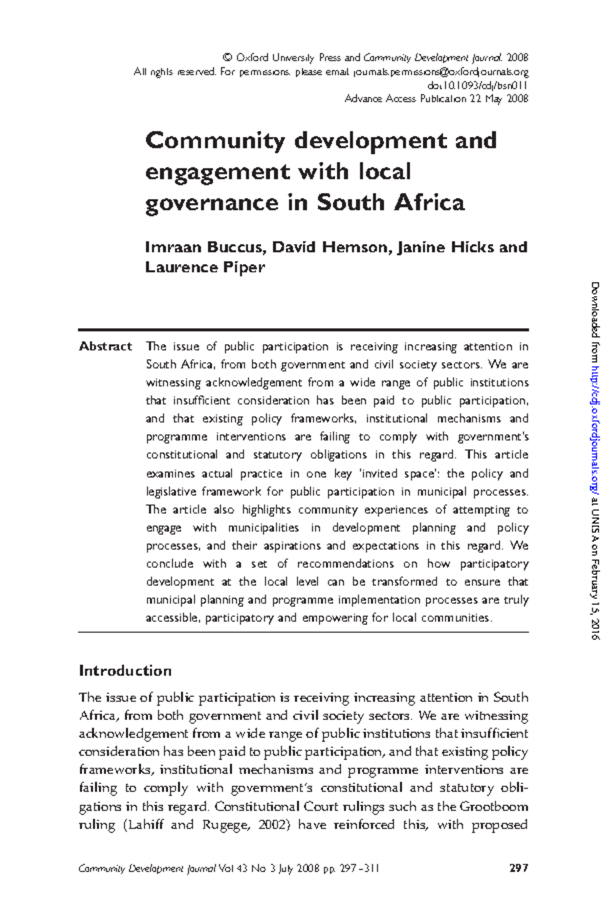 Community development and engagement with local governace in SA ...