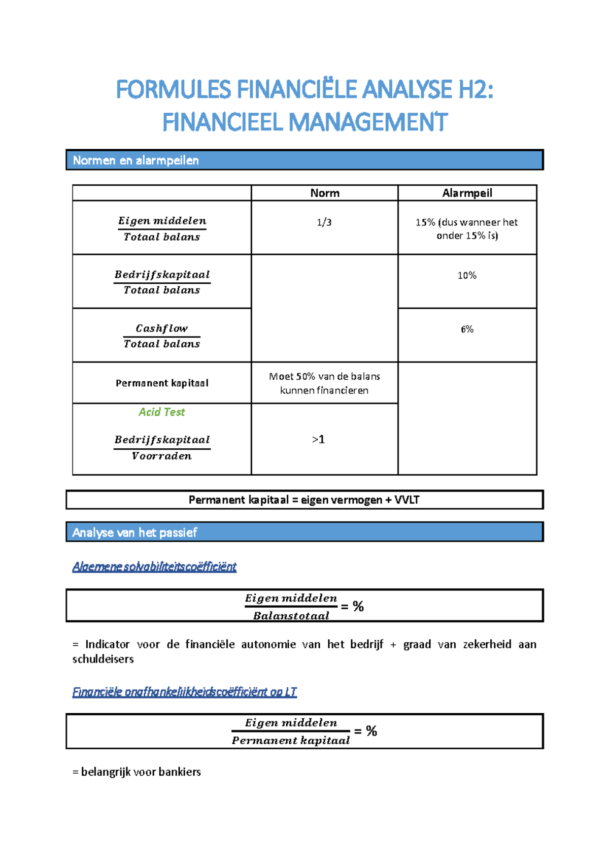 Formularium - FORMULES FINANCIËLE ANALYSE H 2 : FINANCIEEL MANAGEMENT ...