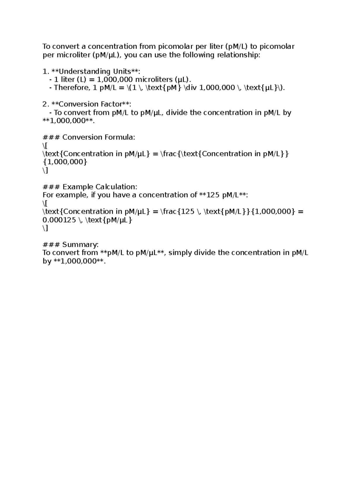 laboratory notes - To convert a concentration from picomolar per liter ...