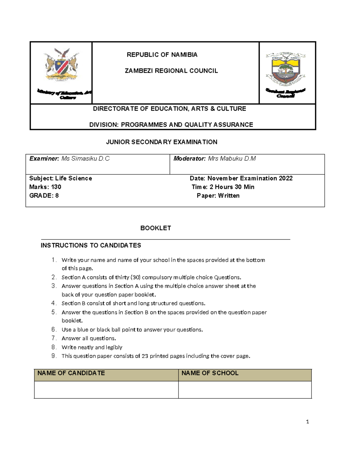 LIFE Science Grade 8 NOV EXAM 2022 2 (Autosaved) - REPUBLIC OF NAMIBIA ...