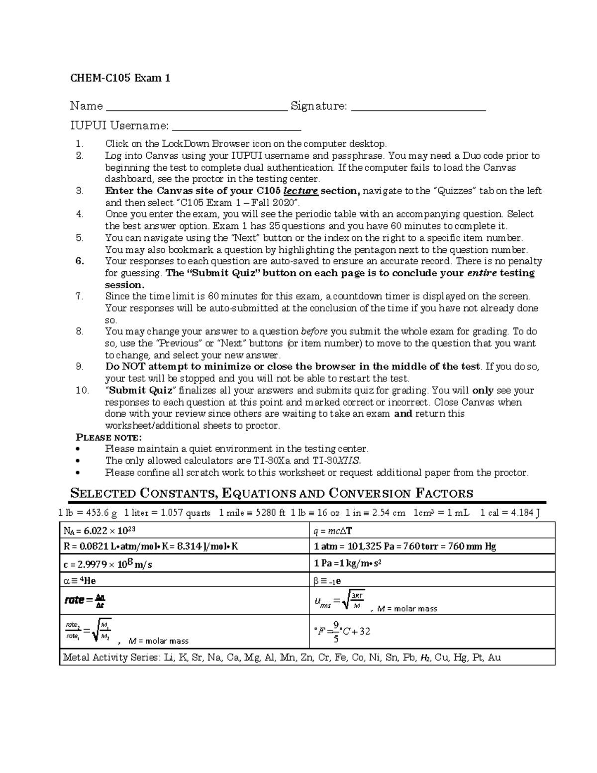 Exam 1 Cover Sheet-1 - CHEM-C105 Exam 1 Name ...