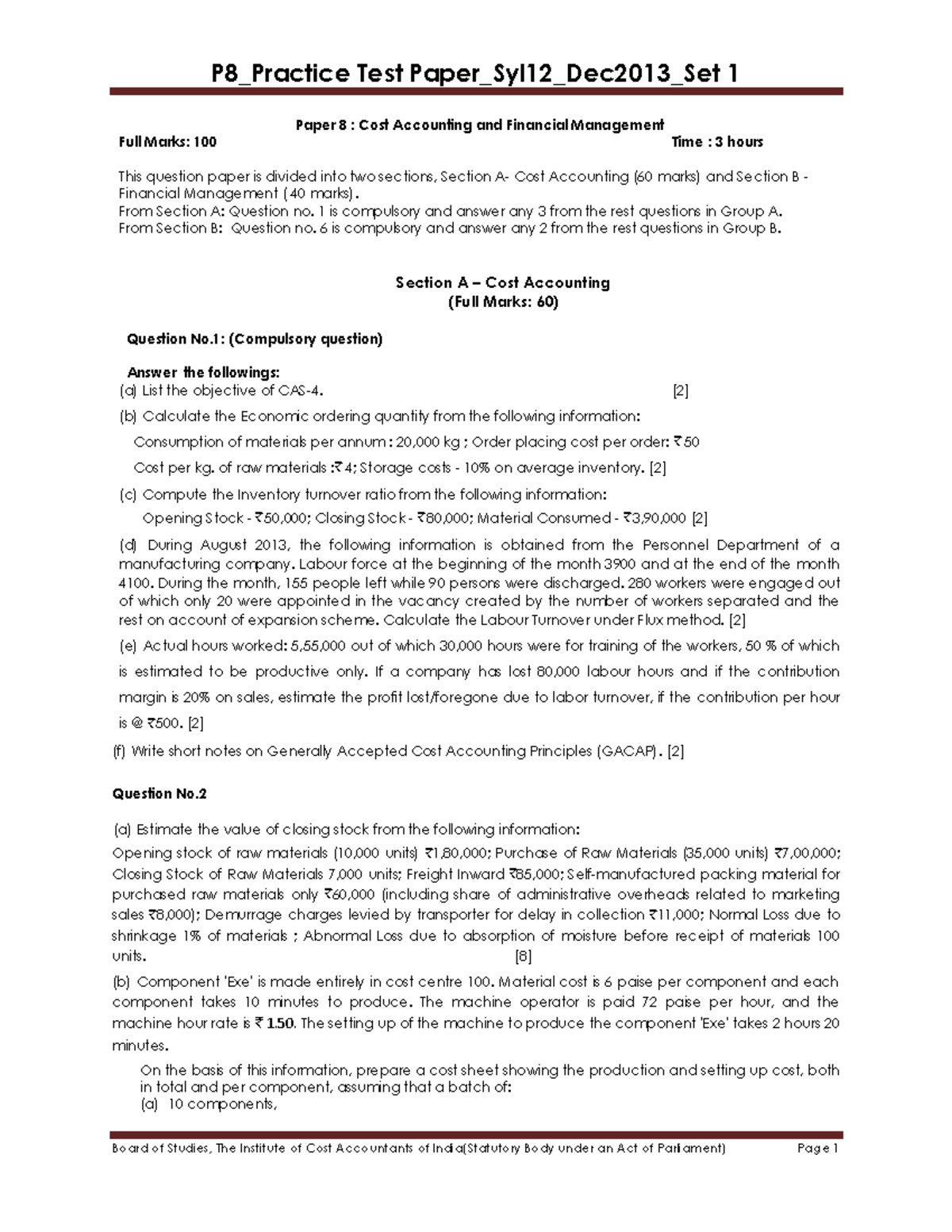 P8 Practice Test Paper 8 Cost Accounting - Paper 8 : Cost Accounting ...
