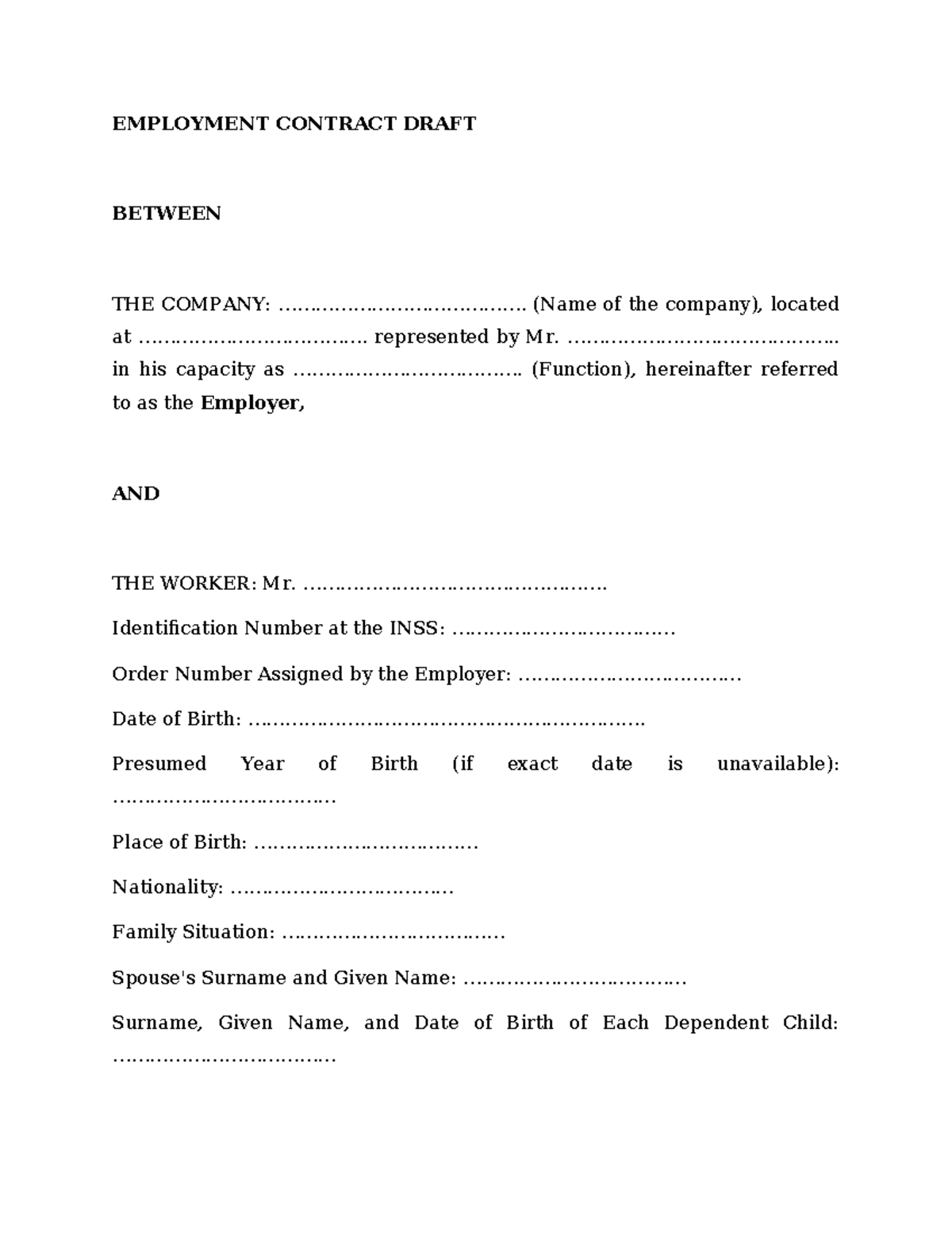 Employment Contract Draft - EMPLOYMENT CONTRACT DRAFT BETWEEN THE ...