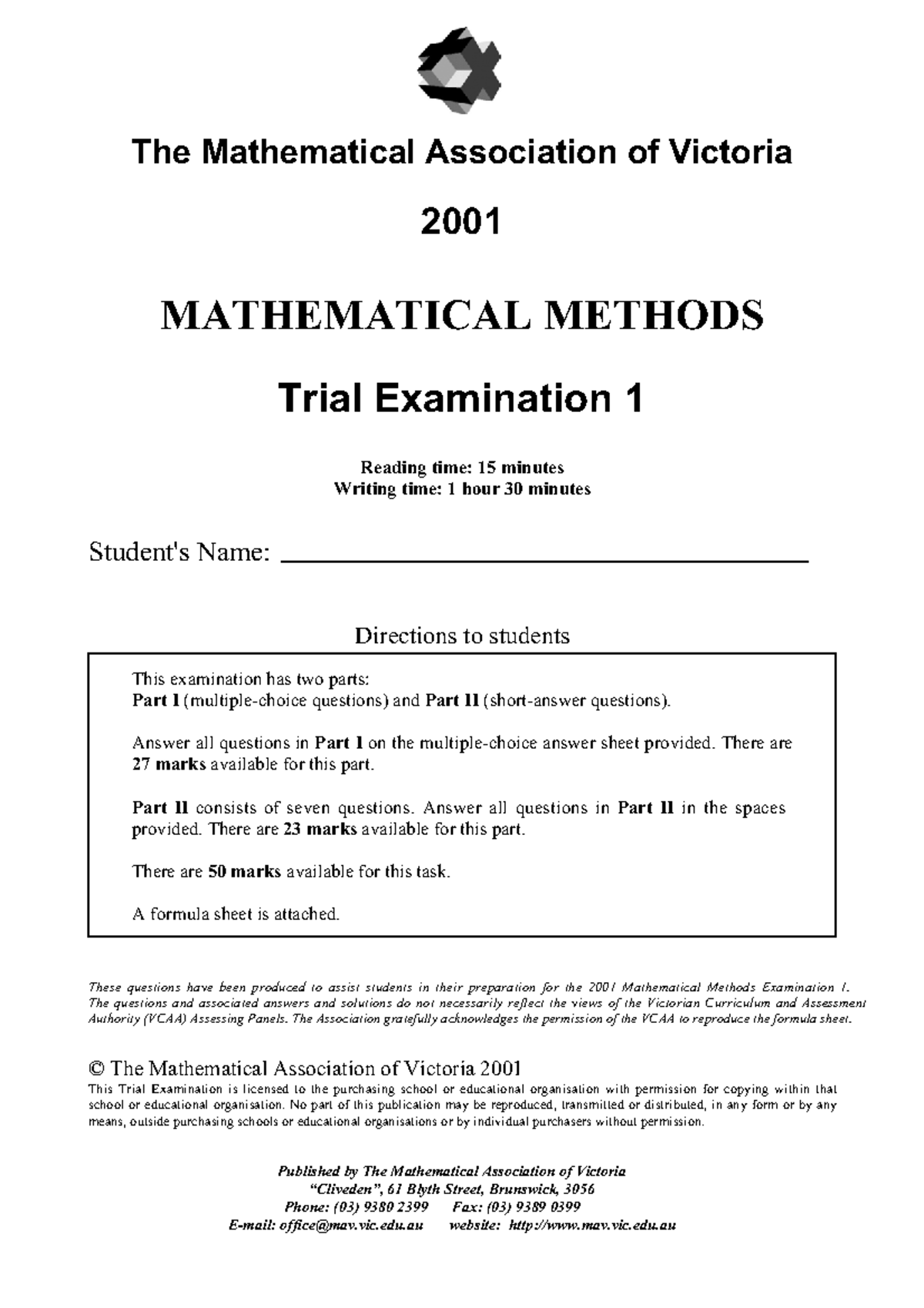 2001 mav exam 1 - The Mathematical Association of Victoria 2001 ...