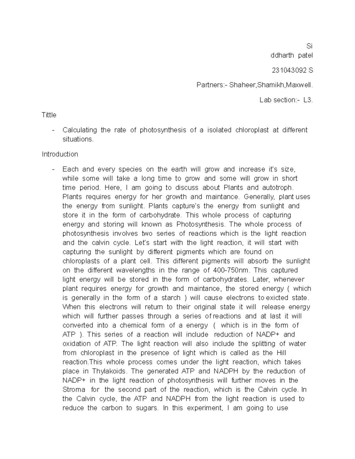 Biology lab assignment - Si ddharth patel 231043092 S Partners ...