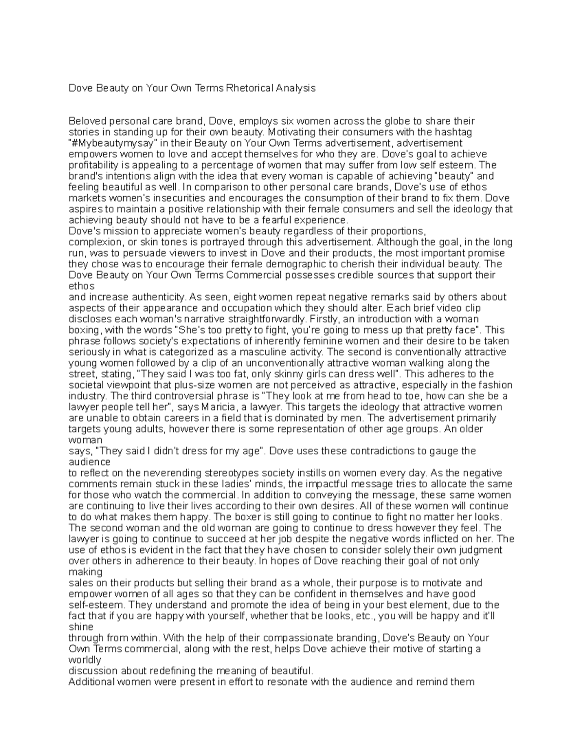 Rhetorical Analysis - Dove Beauty on Your Own Terms Rhetorical Analysis ...