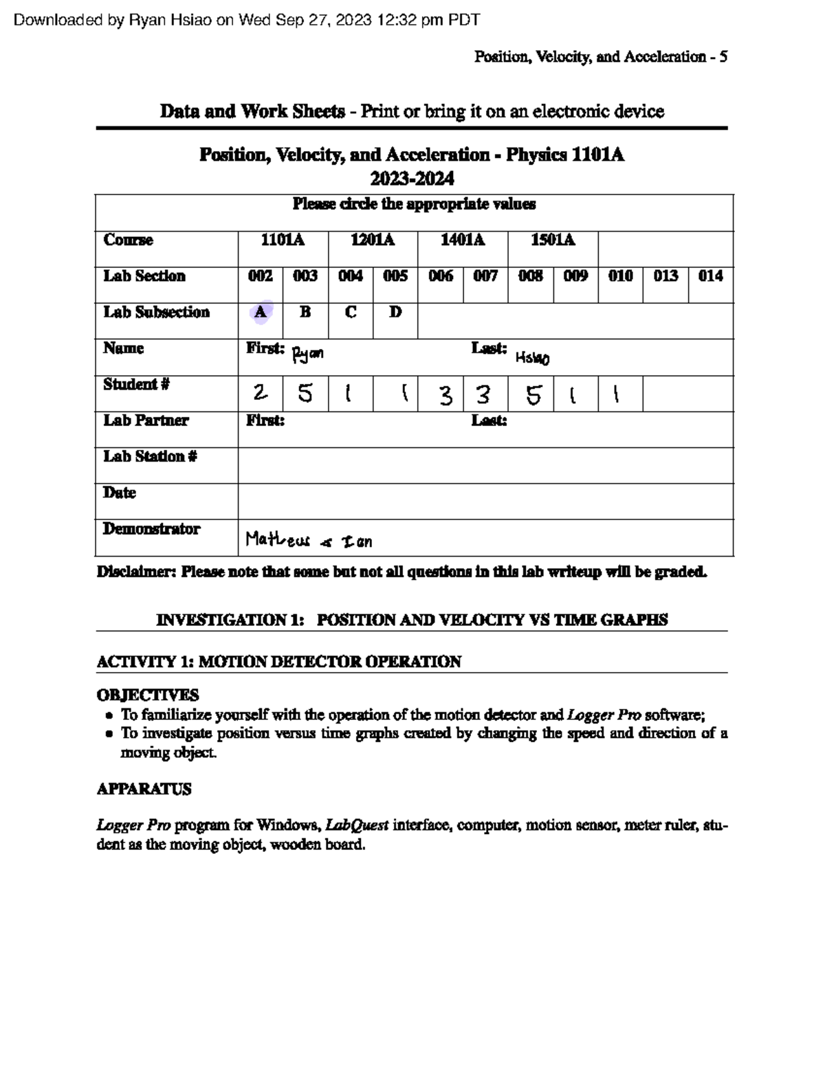 Lab Report 2 - Position, Velocity, Acceleration - Ryan Hsiao 2 5 1 I 3 3 5 I 1 ####### Matheus a ...