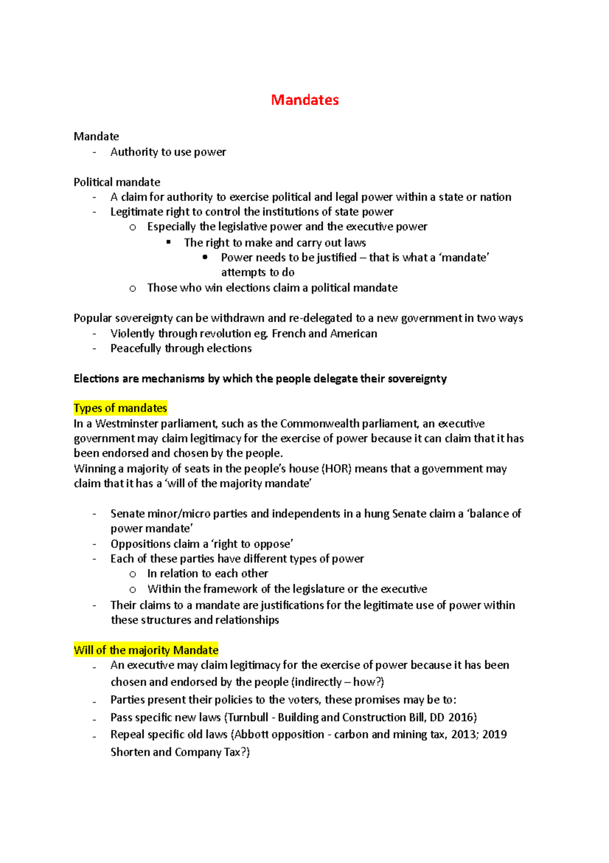 Mandates Politics and Law notes 2022 - Mandates Mandate - Authority to ...