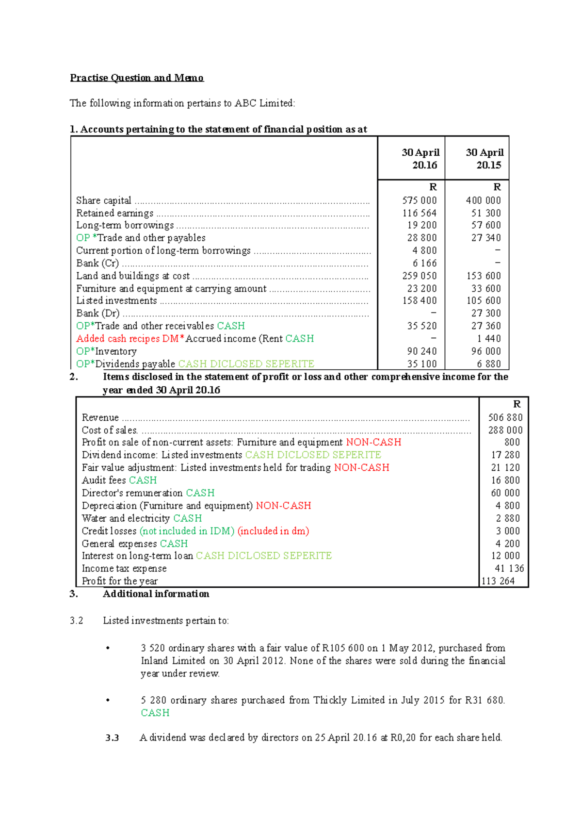 CASH Flows Exercise - exam prep - Practise Question and Memo The ...