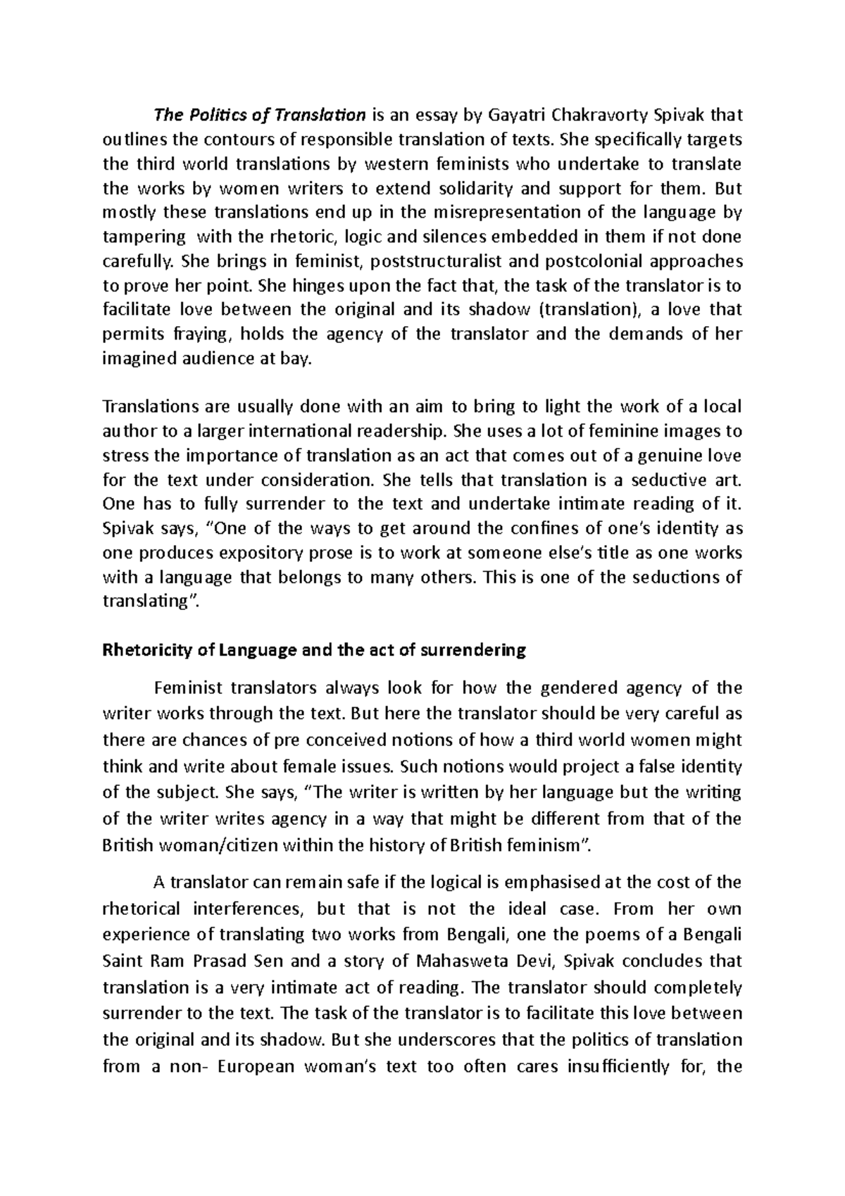 Politics of Translation - She specifically targets the third world ...