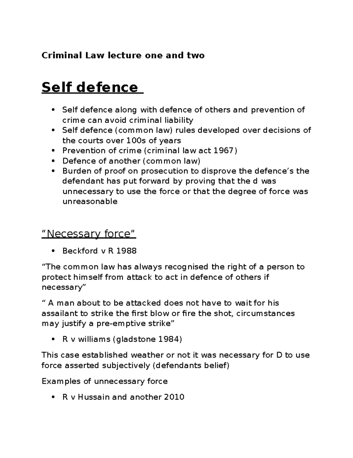 Self defence 1 and 2 - ####### Criminal Law lecture one and two Self ...