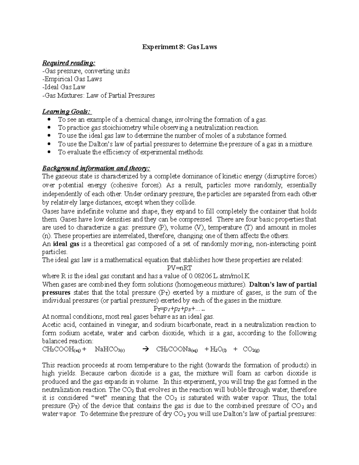 Experiment 8- Gas Laws - lab 8 - Experiment 8: Gas Laws Required ...