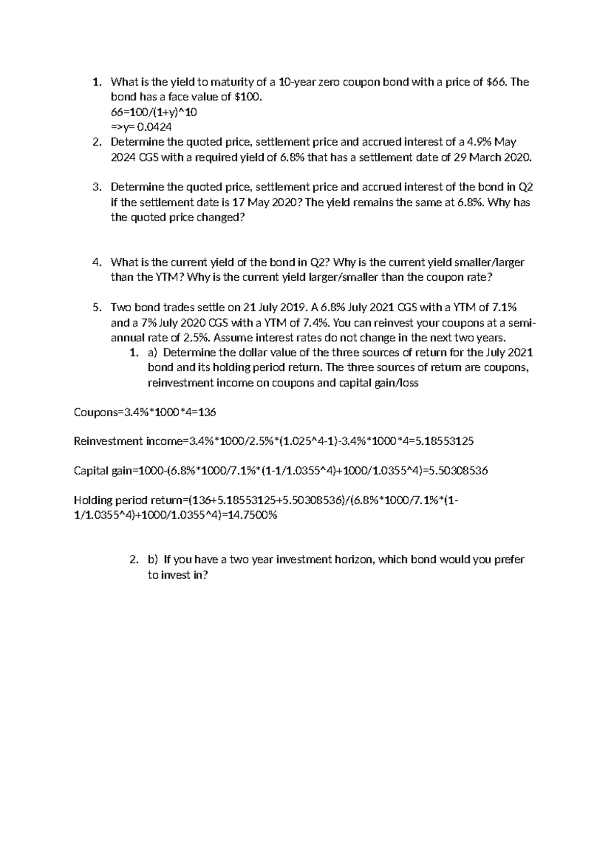 Fin223-w9 - tut9 - What is the yield to maturity of a 10-year zero ...