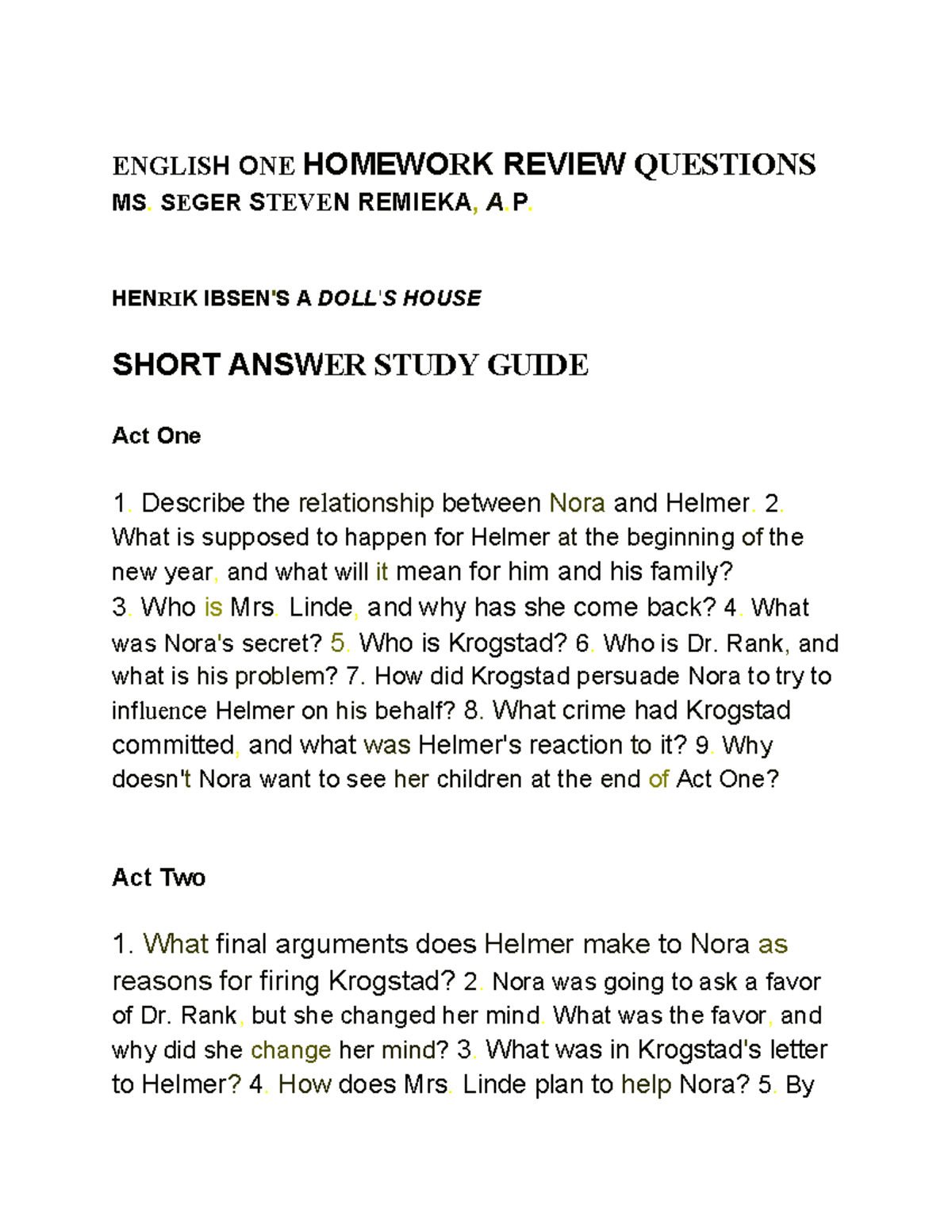 Doll's House Homework Questions - ENGLISH ONE HOMEWORK REVIEW QUESTIONS ...