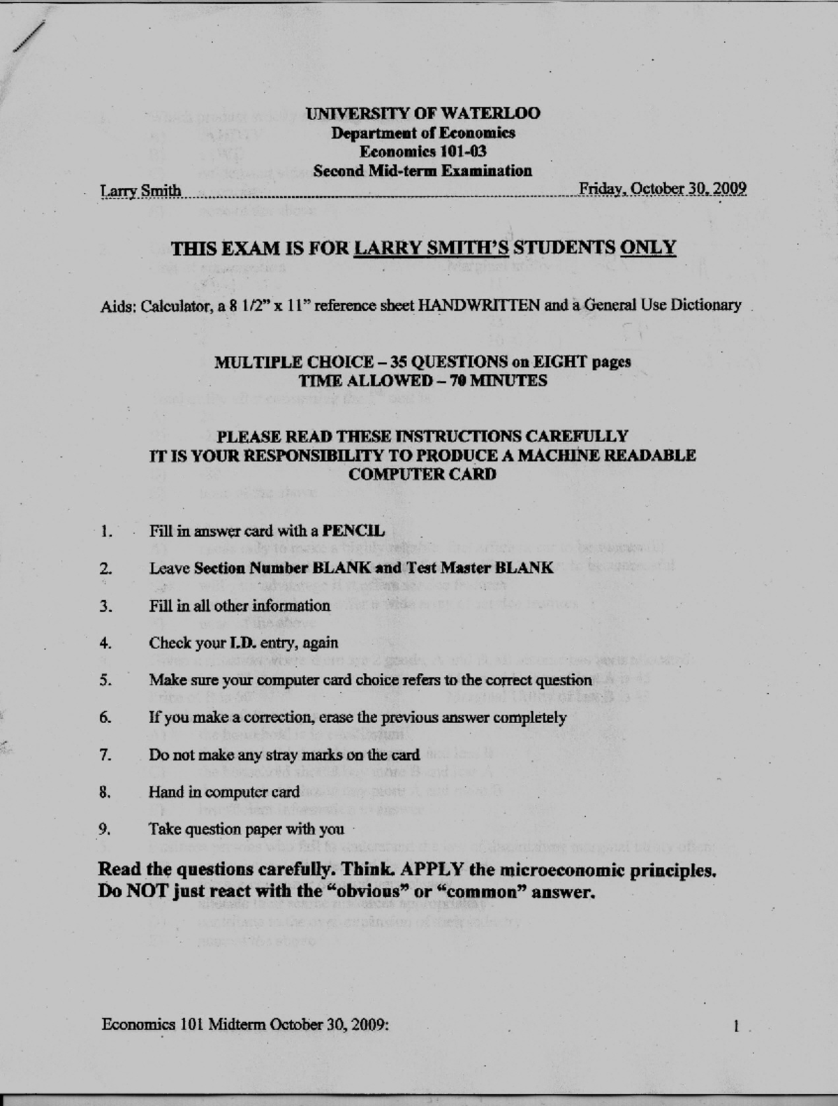 Exam, questions and answers - UNIVERSITY OF WATERLOO Department of ...